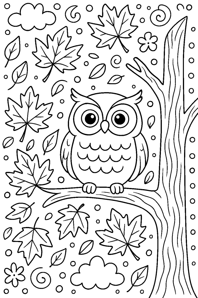 Free Owl Perched Amidst Falling Leaves Coloring Page - Vector Vibez